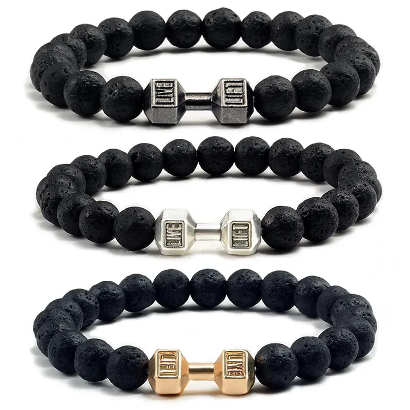 Natural Black Volcanic Lava Stone Dumbbell Bracelet Black Matte Beads ...