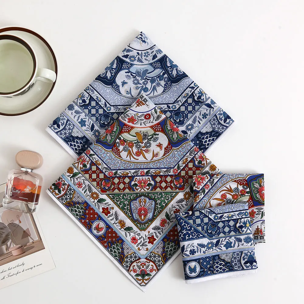 Women's Pure Cotton Printed Handkerchief, Old-Fashioned Retro Flower ...