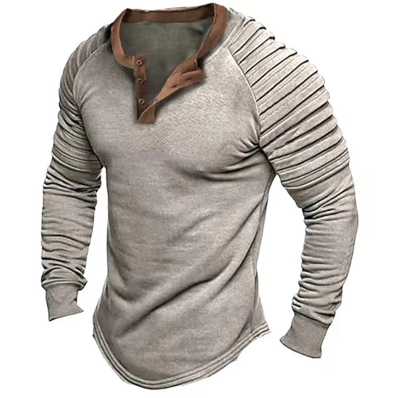 Spring Autumn Vintage Henry Collar Mens T-shirts Casual Button Pleated ...