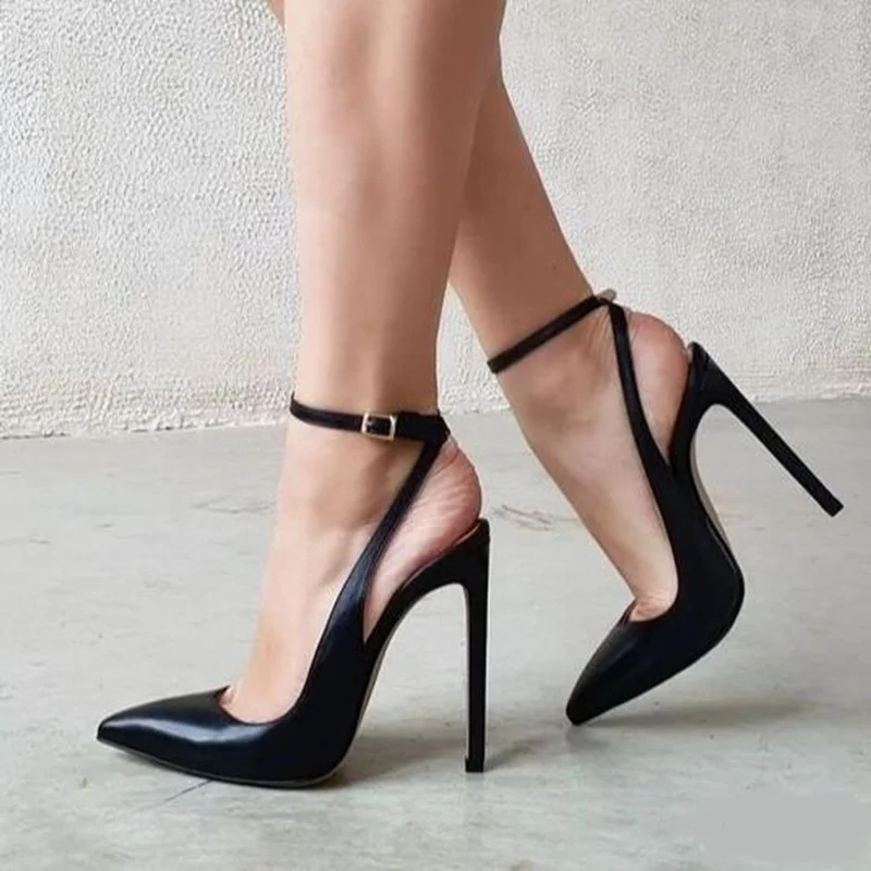 Ankle-Strap-Pointed-Toe-Women-Slingback-Pumps-Black-Matte-Leather ...