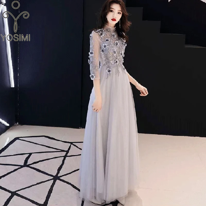 YOSIMI-Light-Gray-Mesh-Flower-Embroidery-Full-Dress-for-Women-A-line ...