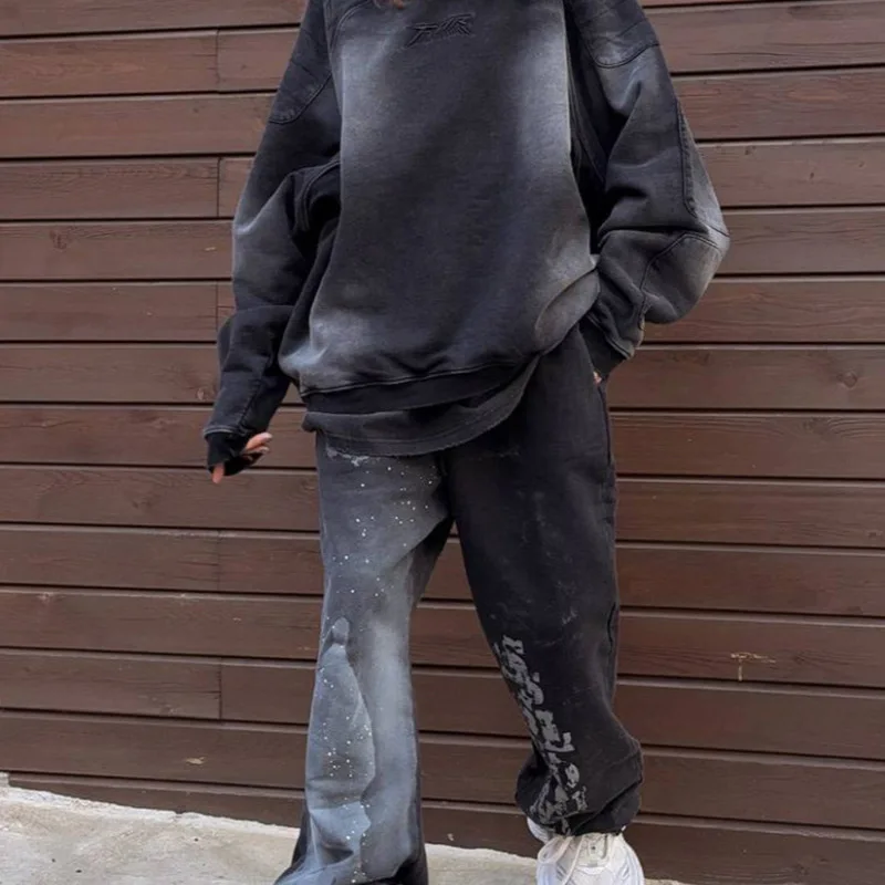 Unique Pattern Patchwork Oversized Street Style Sweatshirt Set for ...