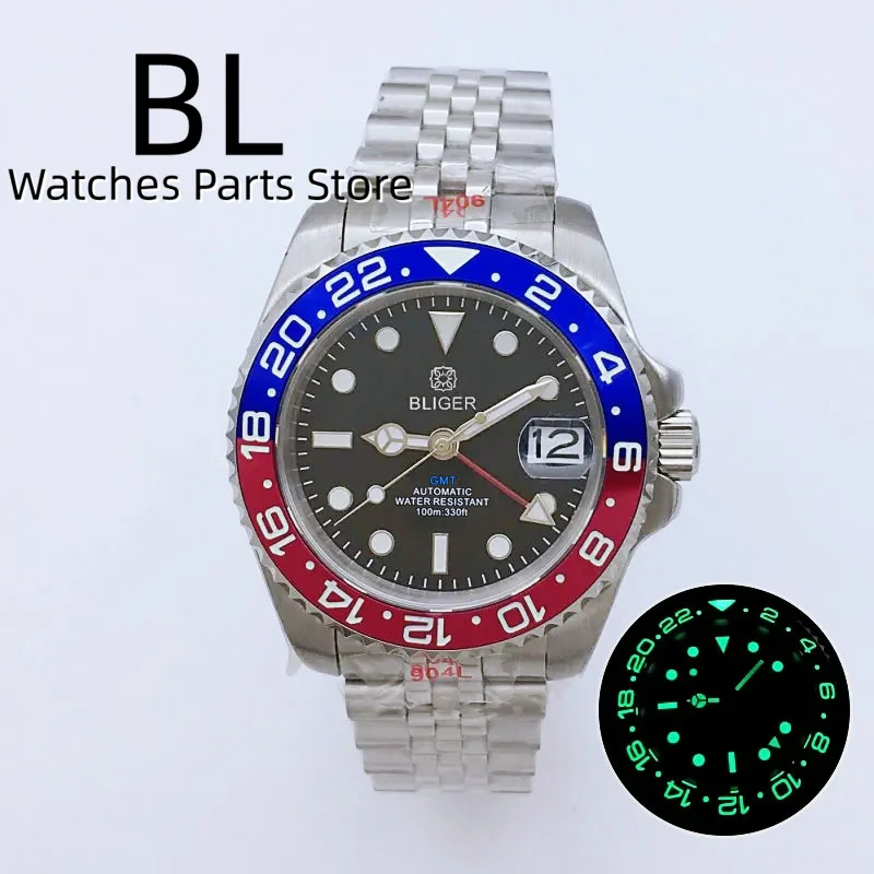 BLIGER-40mm-NH34-GMT-Watch-For-Men-Luminous-Black-Green-Blue-Red-Insert ...