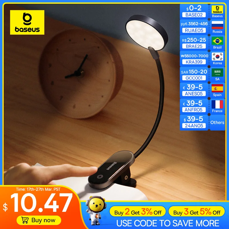 Baseus LED Clip Table Lamp Stepless Dimmable Wireless Desk Lamp Touch ...