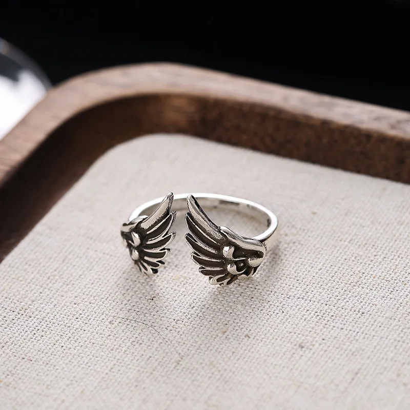 PANJBJ-925-Sterling-Silver-Wing-Rings-For-Women-Feather-Retro-Texture ...