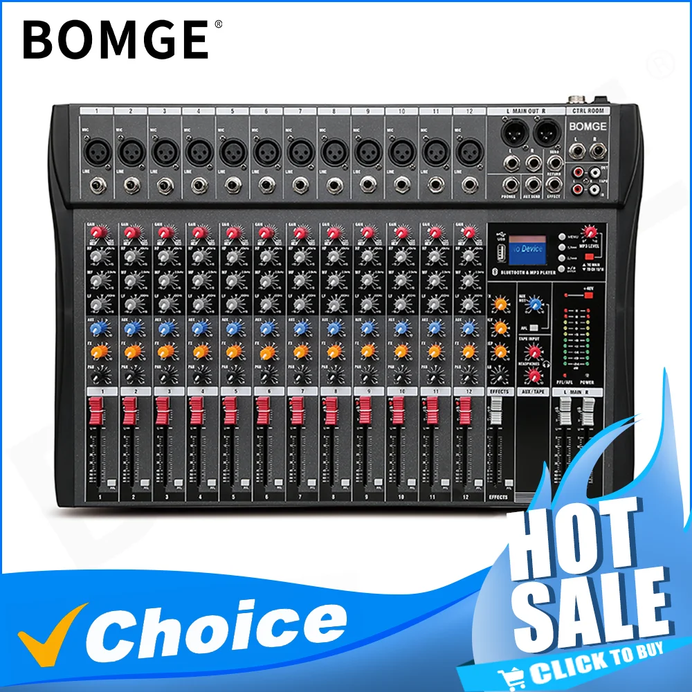 BOMGE-12-Channel-Audio-Mixer-Sound-Mixing-Console-with-Bluetooth-USB-PC-Recording-Input-XLR ...