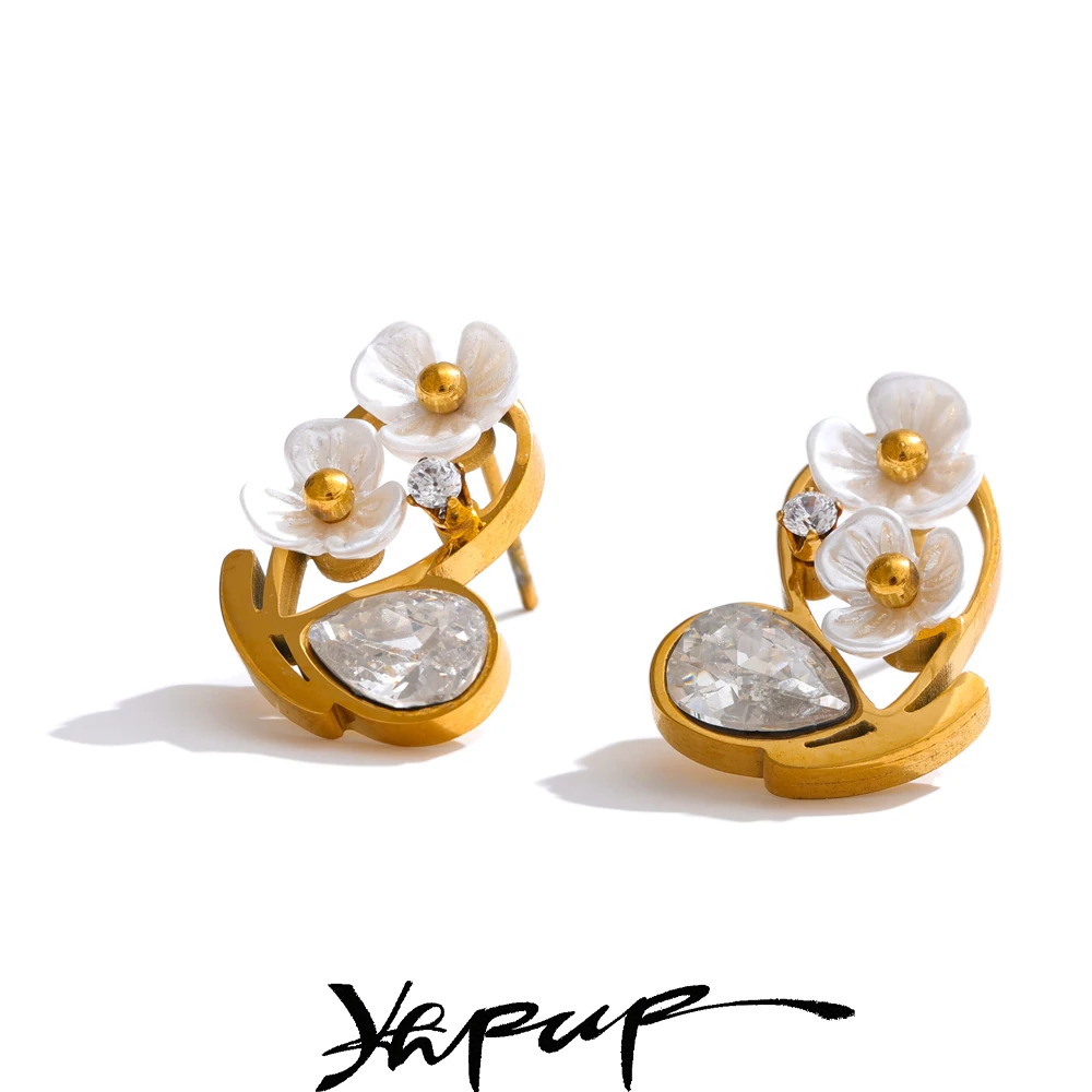 Yhpup Exquisite Stainless Steel Flower Cubic Zirconia Stud Earrings ...