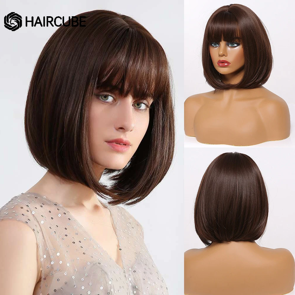 HAIRCUBE-Short-Straight-Brown-Synthetic-Wigs-With-Bangs-for-Women ...
