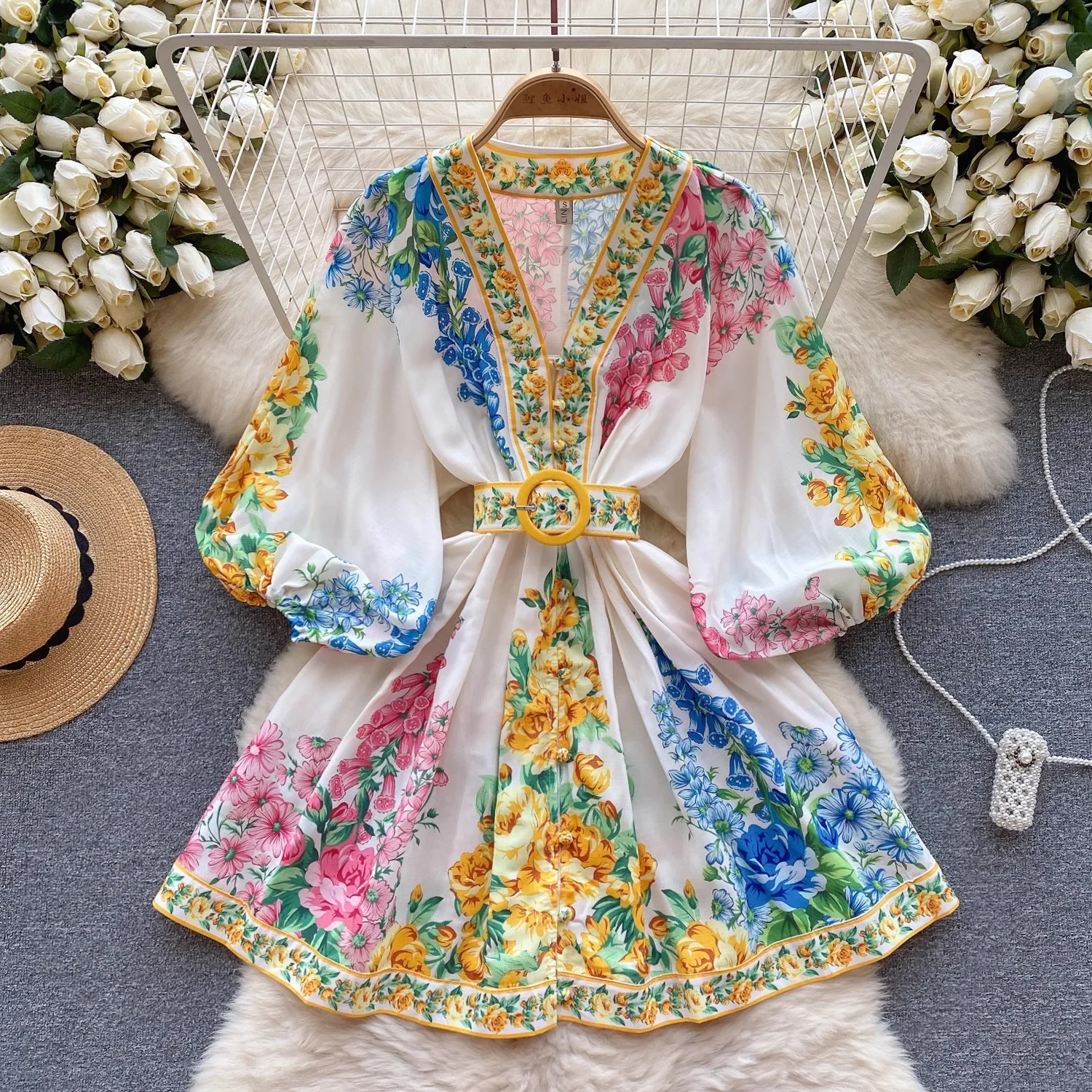 Frauen-Bohemian-Kleid-Fr-hling-Sommer-Vintage-Print-lange-Laterne-rmel-V-Ausschnitt-schlanke ...