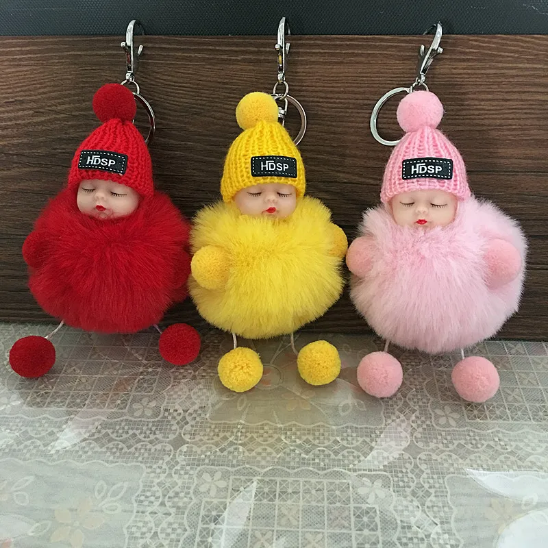 New Pompom sleeping baby keychain cute fluffy Plush doll Keychains ...