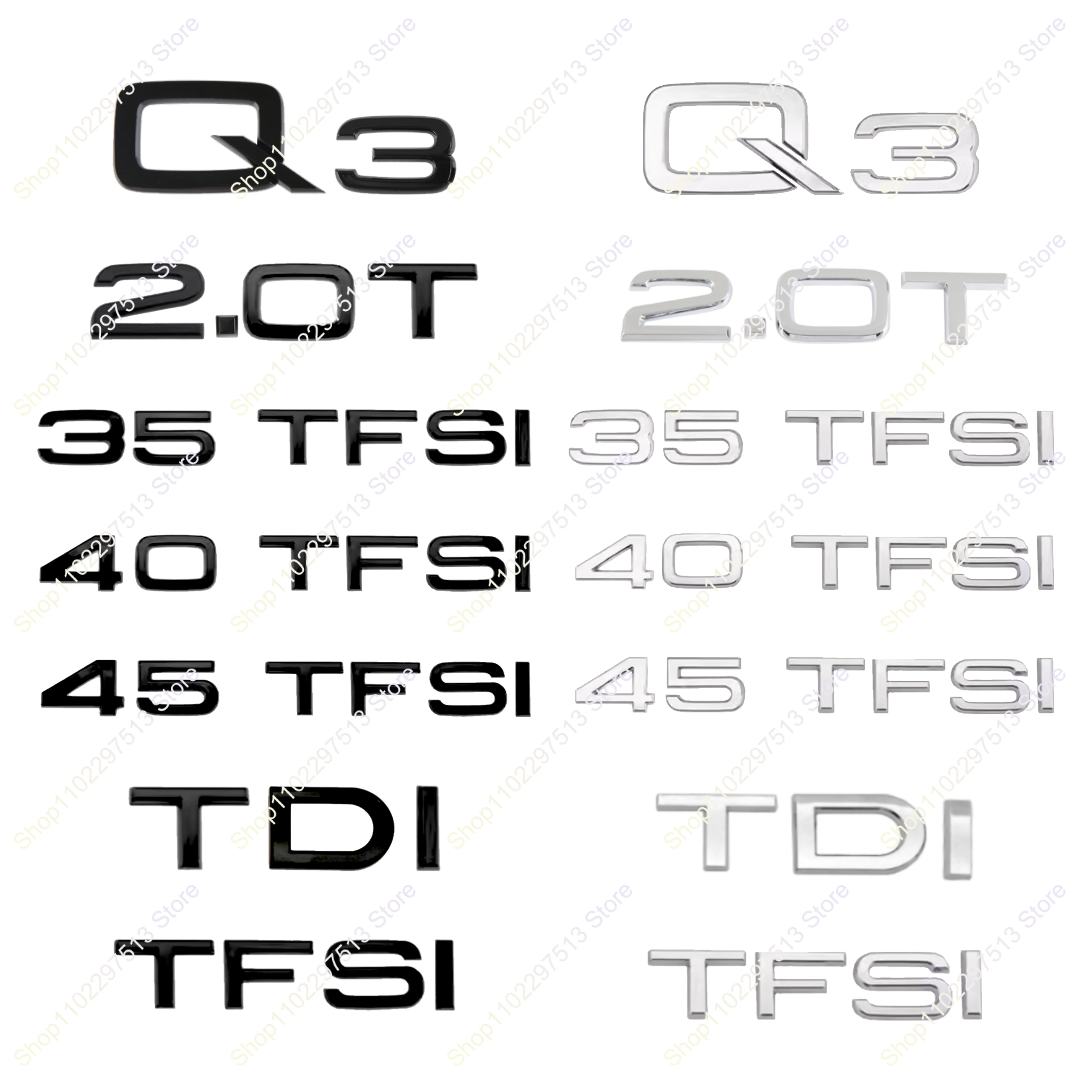 Chrome Black 3D Numbers Letters Q3 35 40 45 TFSI TDI 2.0T Emblem For Q3 ...