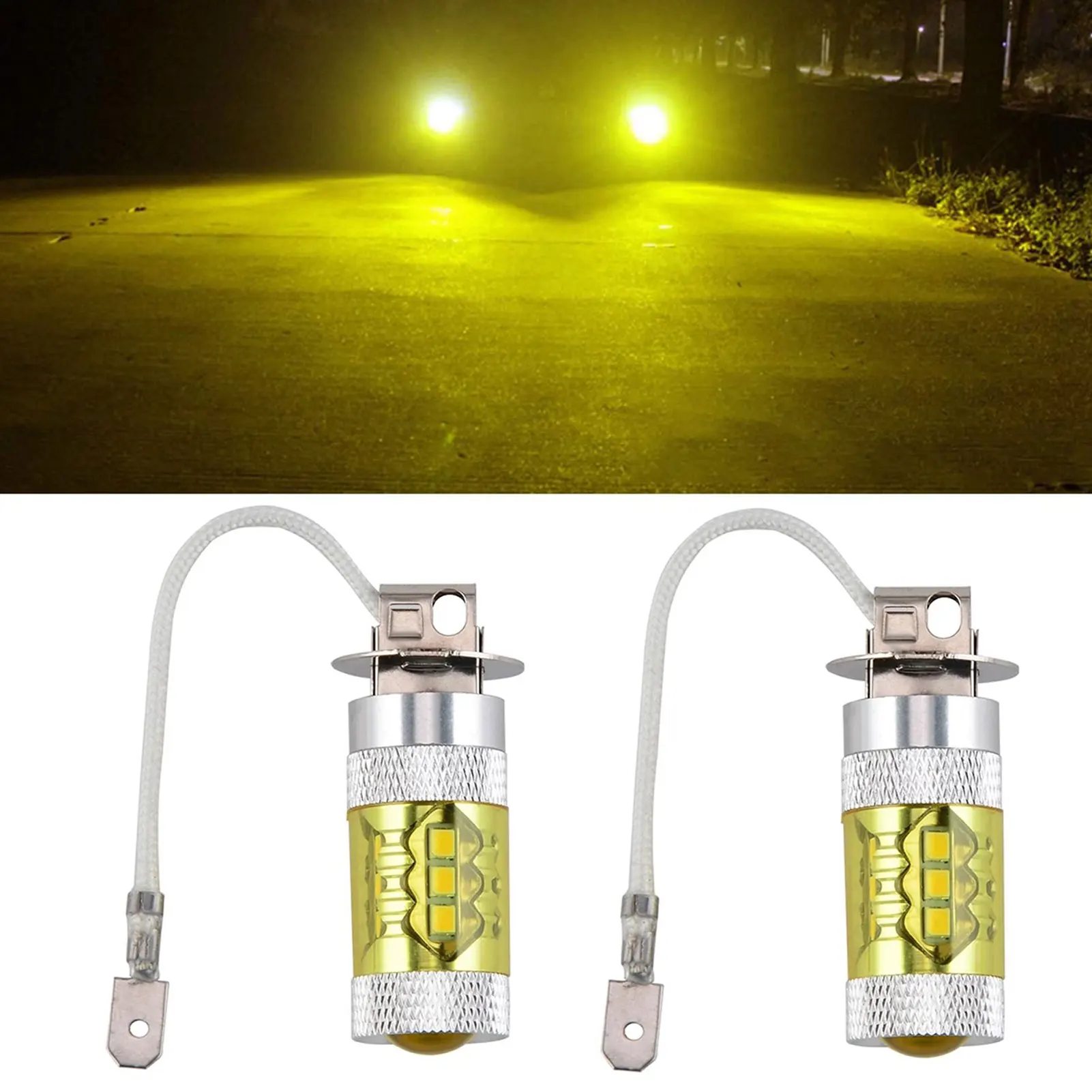 2pcs H3 LED Fog Lights Bulb 80W 16LED High Power Yellow White Lighting ...