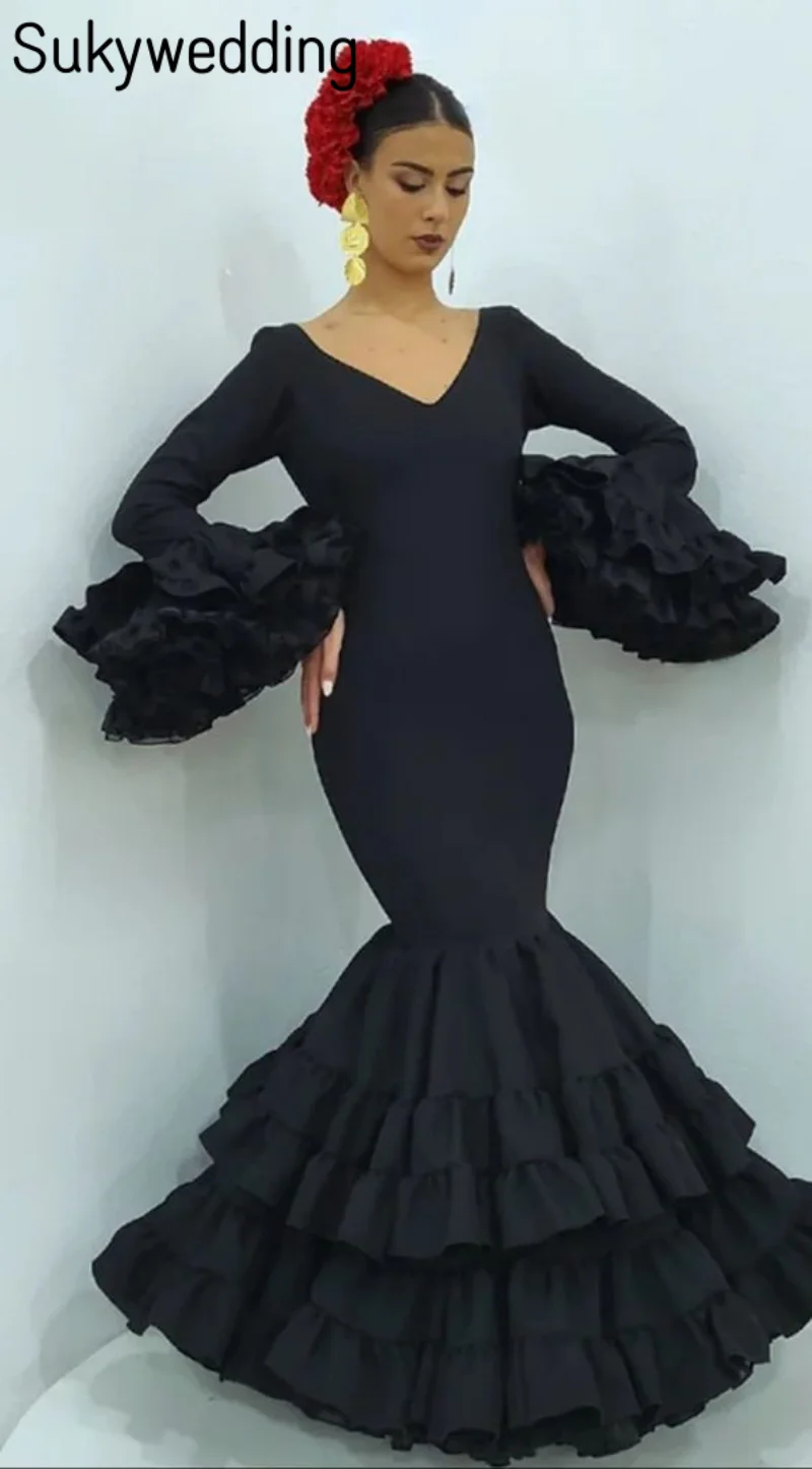 Black-Mermaid-Prom-Occasion-Dresses-V-neck-Women-Spanish-Flamenco-Style ...