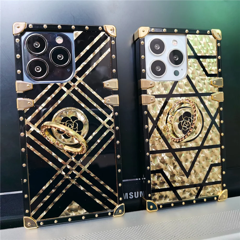 Luxury Rose Flower Cover Square Geometric Stripe Gold Glitter Case for ...