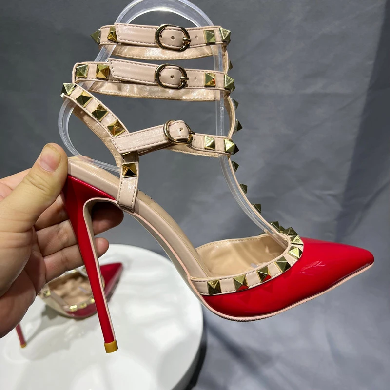 Rivets Roman Gladiator Slingbacks Red Leather Ankle Strapy High Heels ...