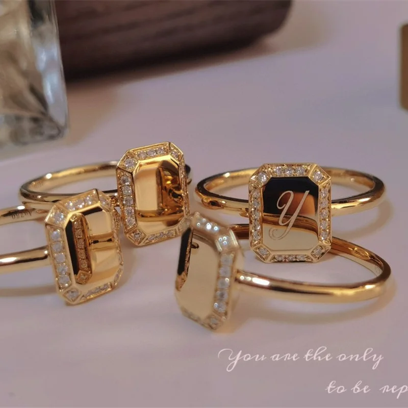 Designer-Letter-Diamond-Ring-18K-Yellow-Gold-Jewelry-AU750-Square-Brand ...