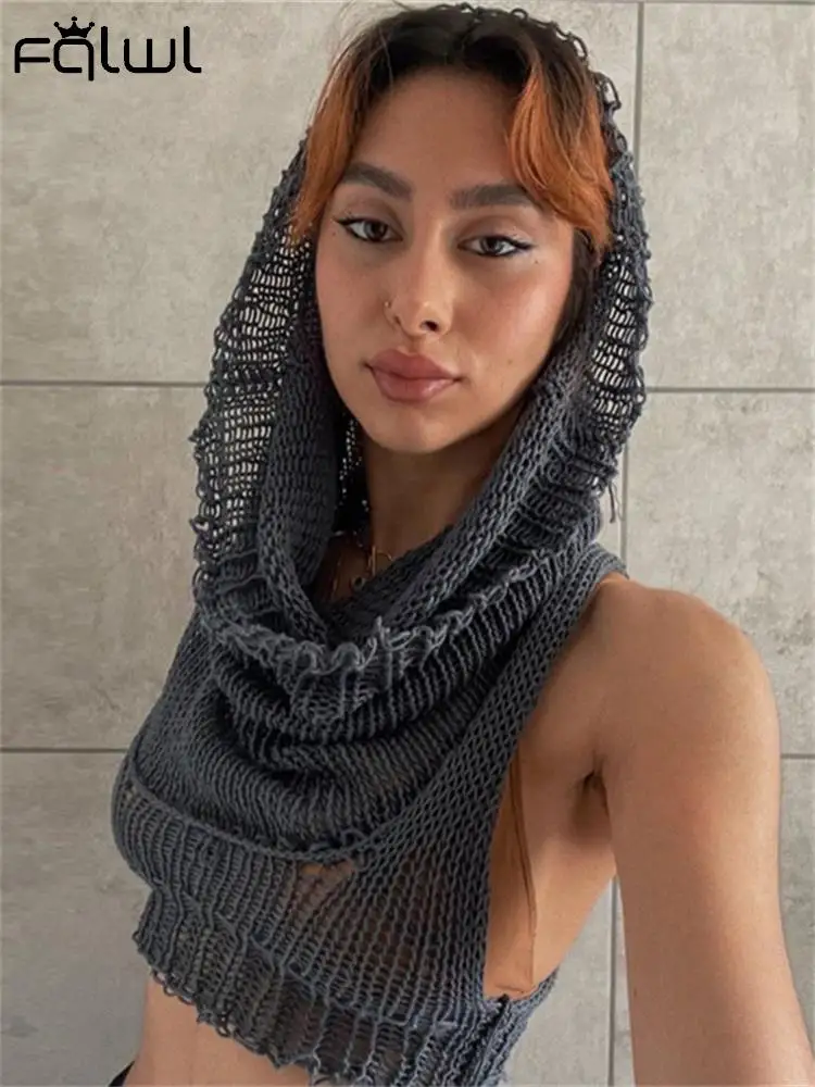 FQLWL Summer streetwear y2k Solid Knitted Hooded crop Tops For Women Black Bodycon see through ...