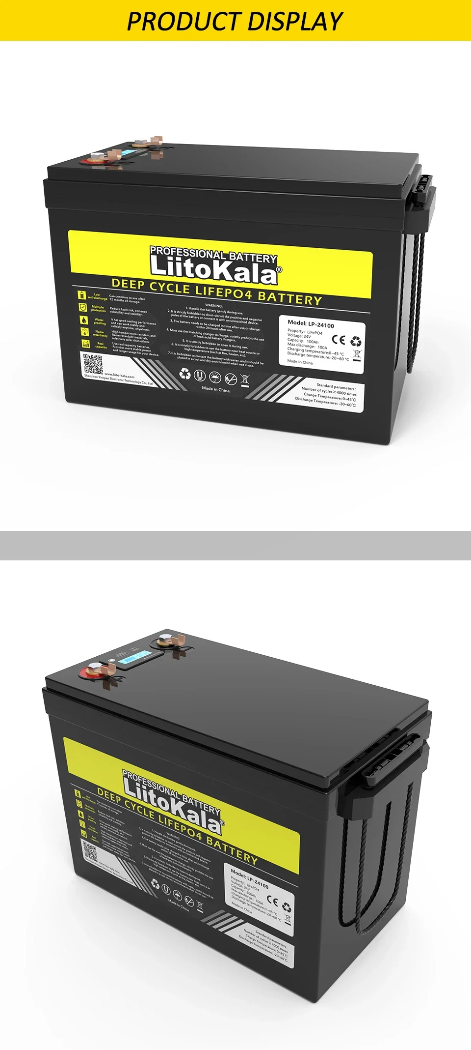 LiitoKala 24V/25.6v 100AH LiFePO4 Lithium Battery USB3.0 Type-C Output ...