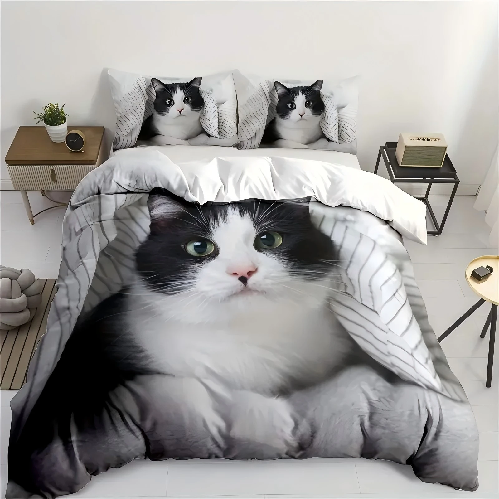 Black White Cat Print Bedding Set for Kid Teen Adult Cute Animal Style ...