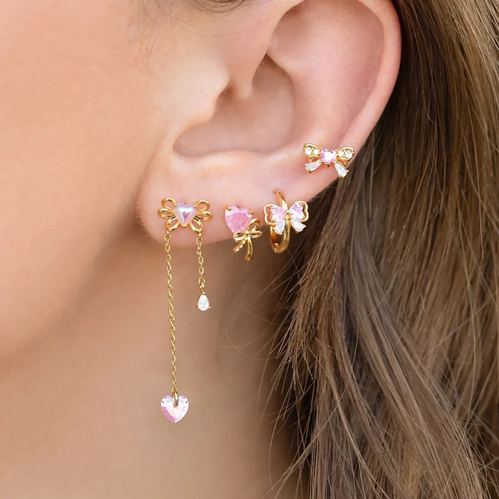 2 pares de pendientes colgantes de acero inoxidable con circonita rosa ...