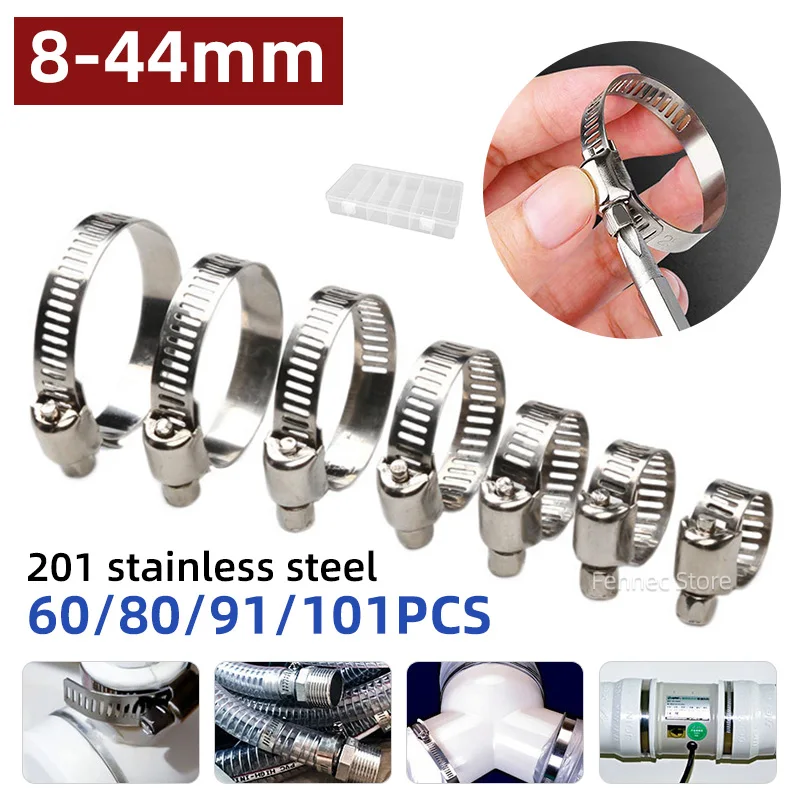 60-80-91-101pcs-201-Stainless-Steel-Hose-Clamp-Kit-8-To-44mm-Adjustable ...