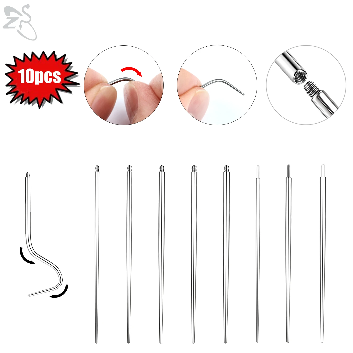 ZS 10Pcs/lot 316L Stainless Steel Piercing Taper Curved Sterilized ...