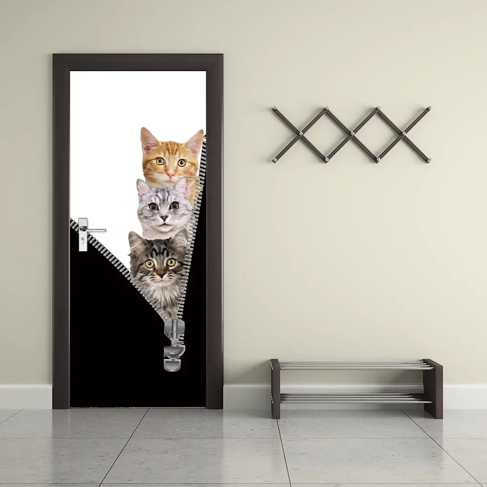Lovely Cat Door Sticker Funny Kitty Self-Adhesive Wallpaper for Bedroom ...