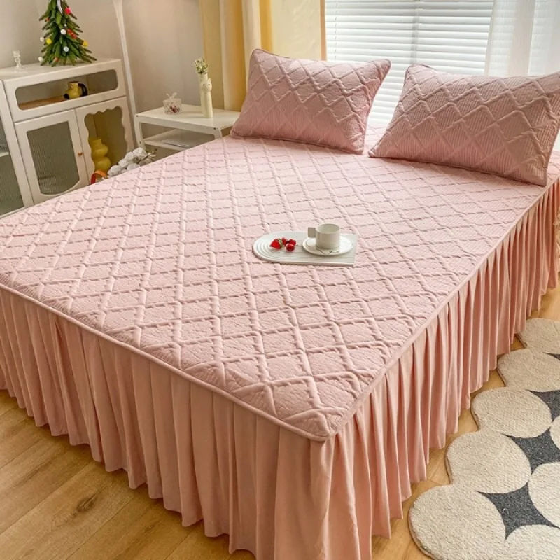 Bed-Skirt-Style-Bedspread-Silk-Wadding-Padded-Thick-Plaid-Fitted-Sheet ...