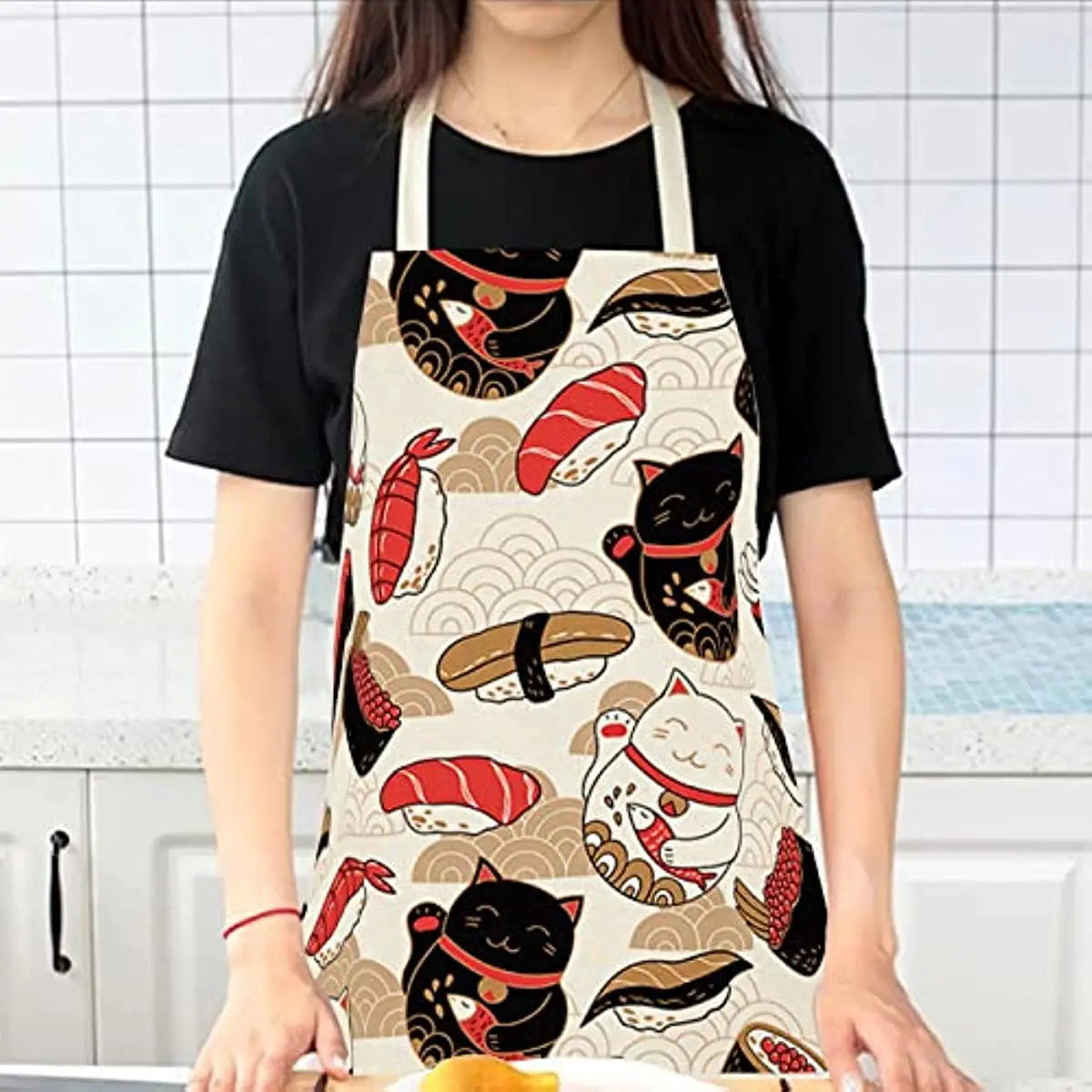 Japanese-Lucky-Cat-Sushi-Print-Apron-Cute-Cooking-Apron-Women-Men-Chef ...