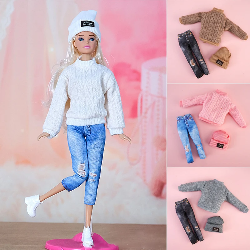 Barbie-Doll-roupas-para-Barbie-camisola-chap-u-jeans-terno-30cm-3-Set ...