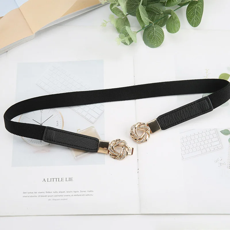 Preto fino cinto elástico Rhinestone metal fivela cintos para mulheres ...