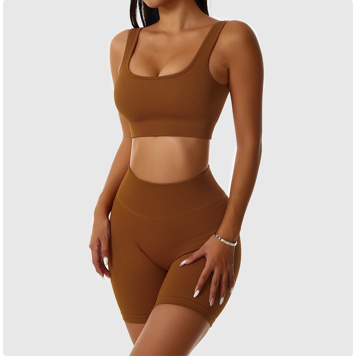 Seamless Ribbed Yoga Suit Women Gym Clothes Sport Padded Bra Running Workout Shorts Sexy ...