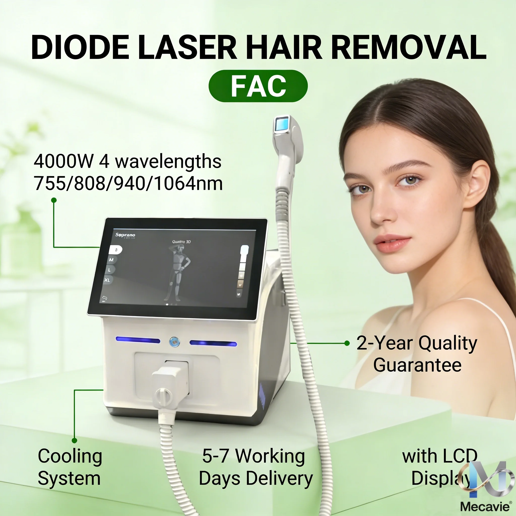 Professional 4000W Soprano Diode Laser Hair Removal Device 4 Waves 755 ...