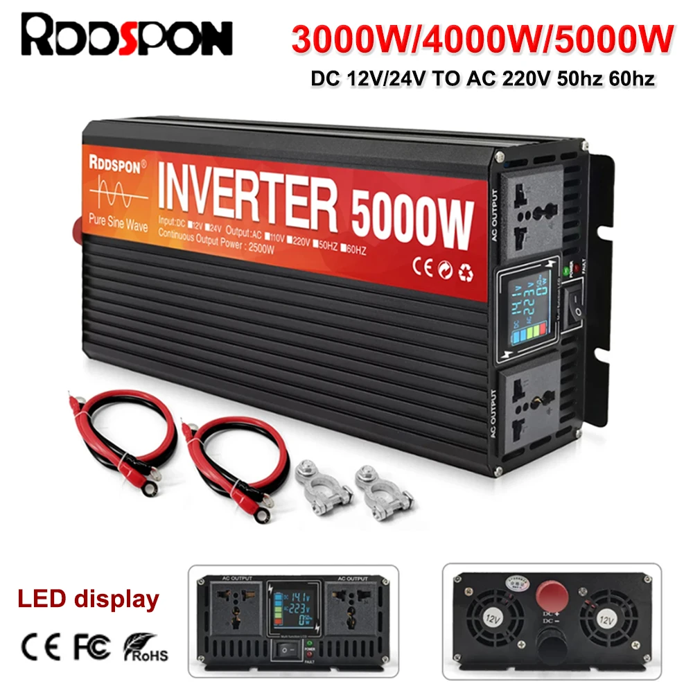RDDSPON Pure Sine Wave Inverter 5000W 4000W 3000W Double Socket LCD ...
