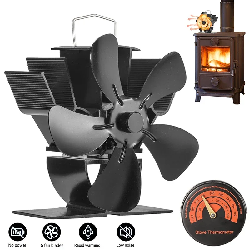 5-Blade-Heat-Powered-Stove-Fan-Mini-Fireplace-Fan-Log-Wood-Burner-Eco ...