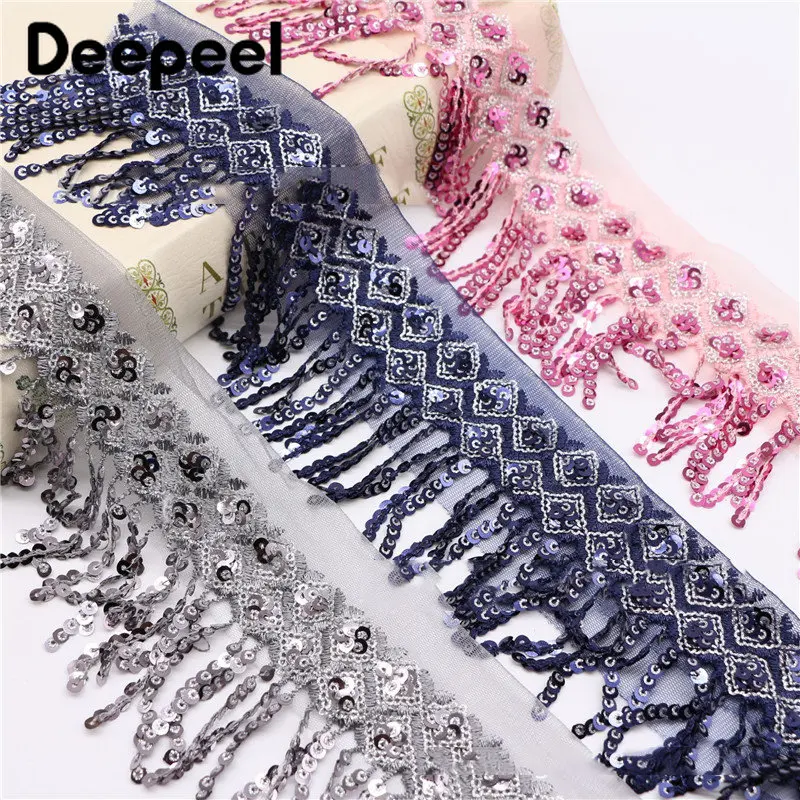 5/10Yards 7cm Colored Sequins Tassel Lace Trims Embroidered Ribbon for ...