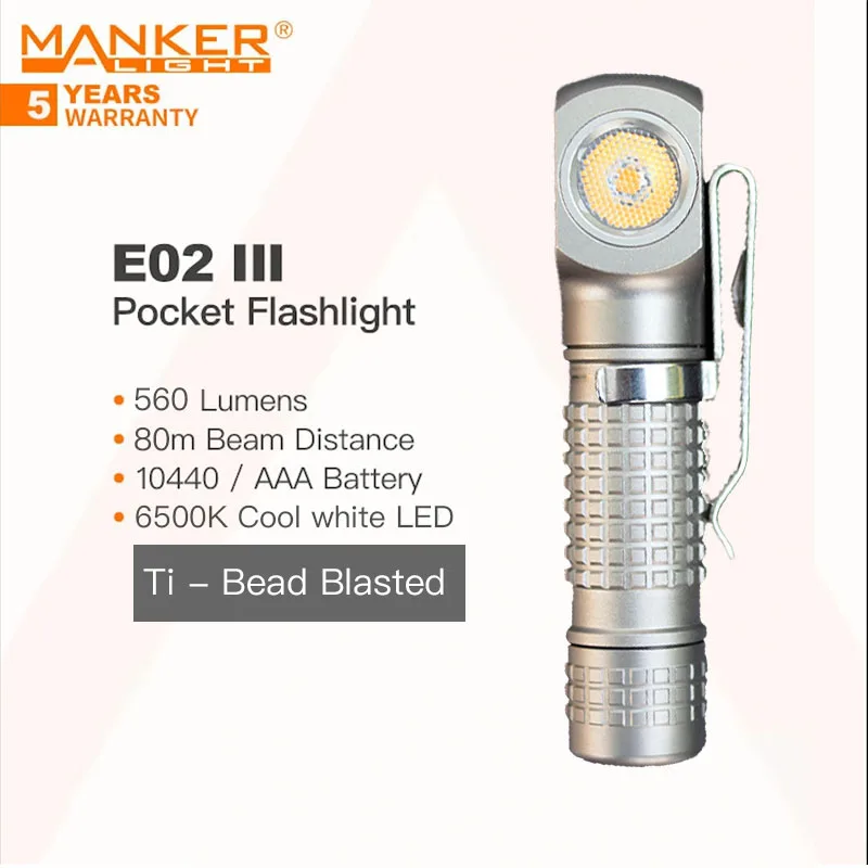 MANKER E02 III (Ti 6500K Cool White)560 Lumen,EDC Pocket Flashlight ...