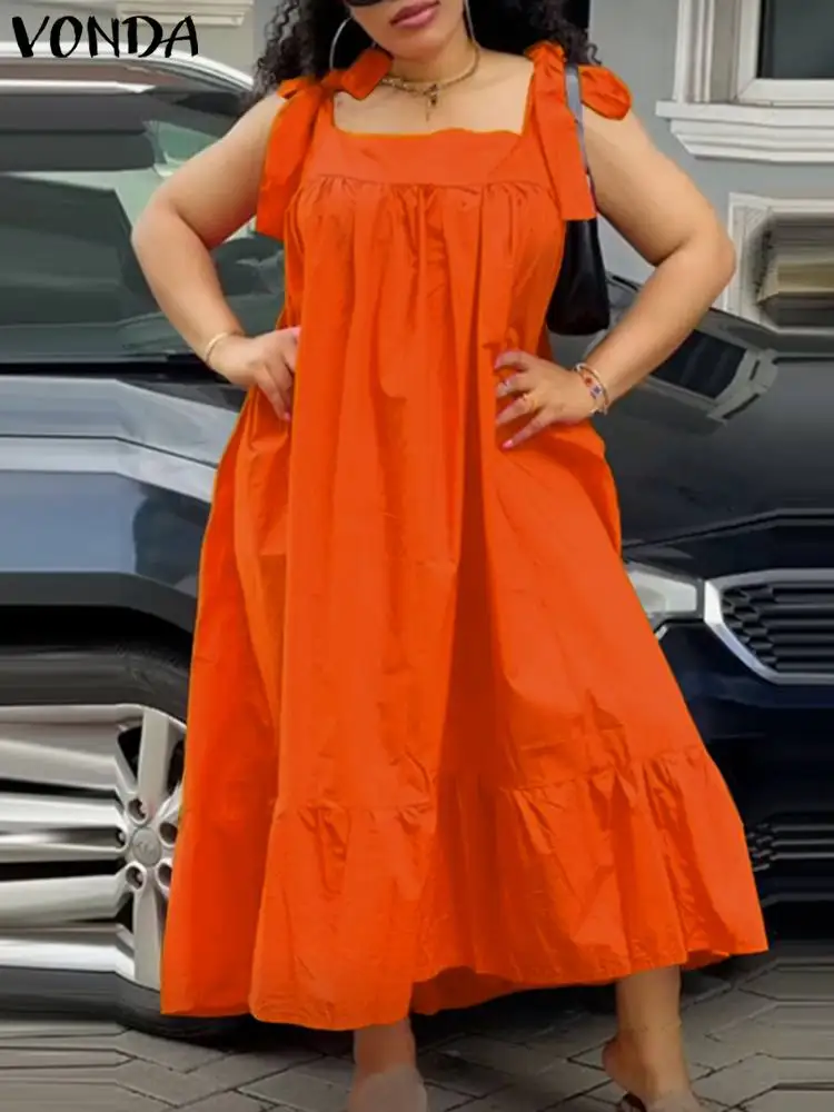 VONDA-2024-Summer-Fashion-Midi-Dress-Women-Sleeveless-Straps-Sexy-Solid ...