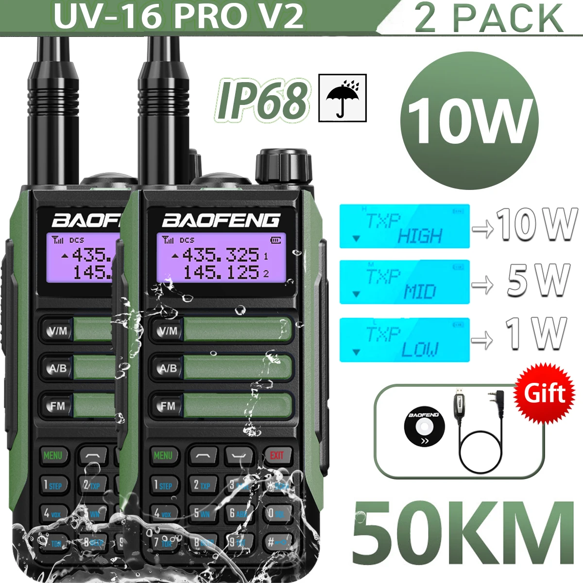 2Pack-Baofeng-UV16-Pro-V2-Walkie-Talkie-10W-VHF-UHF-Dual-Band-Two-Way ...