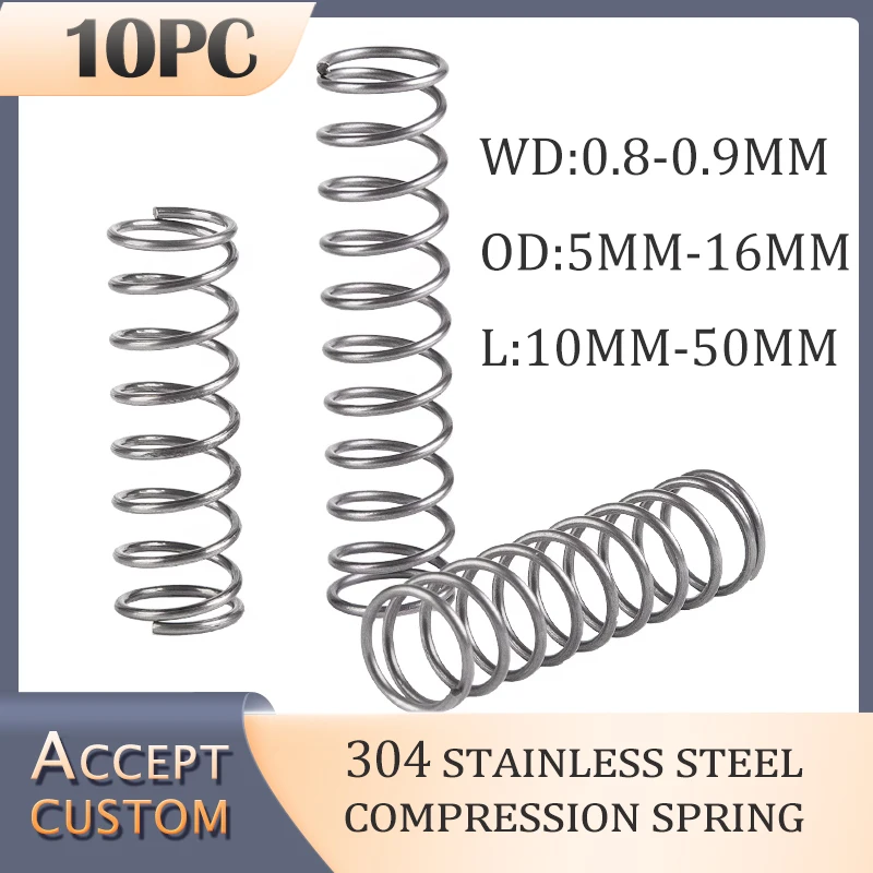 10pcs Ss304 Stainless Steel Compression Spring Thickness 0.8mm 0.9 Mini ...