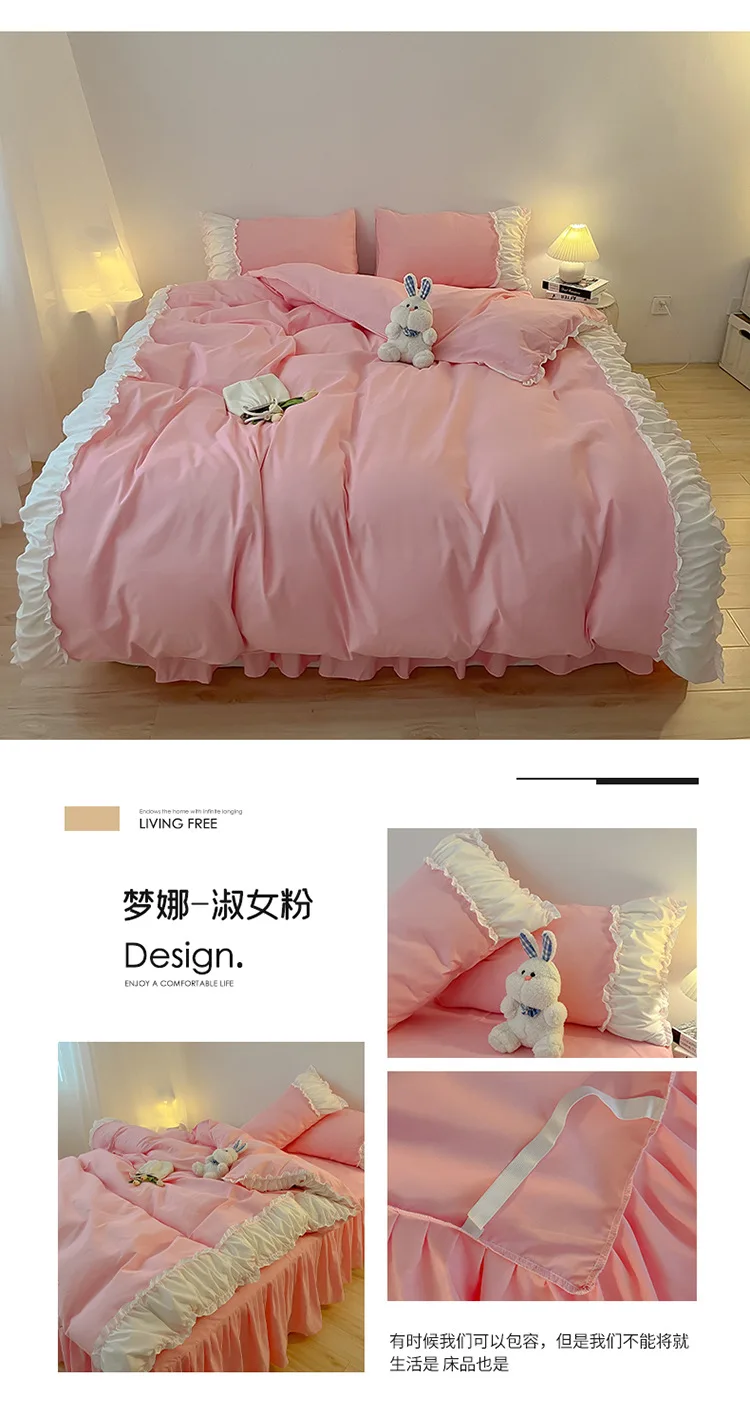 Ensemble de draps en lin monochromatique pour filles,housse de couette ...