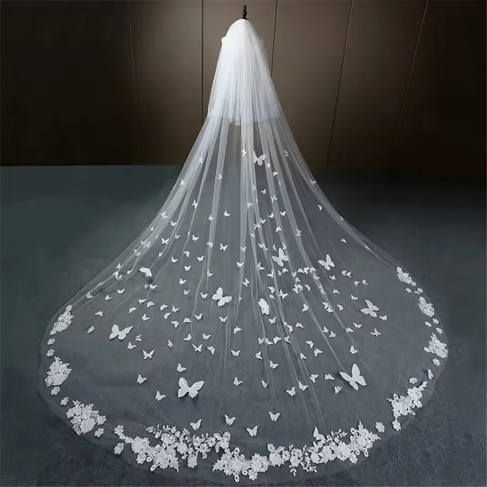 Wedding Veil Long Lace Edge 3D Butterfly Floral Appliques Face-Covered ...