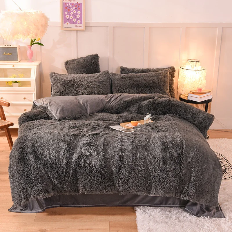 Luxury Pure Color Plush Shaggy Warm Faux Fur Bedding Set Mink Velvet ...