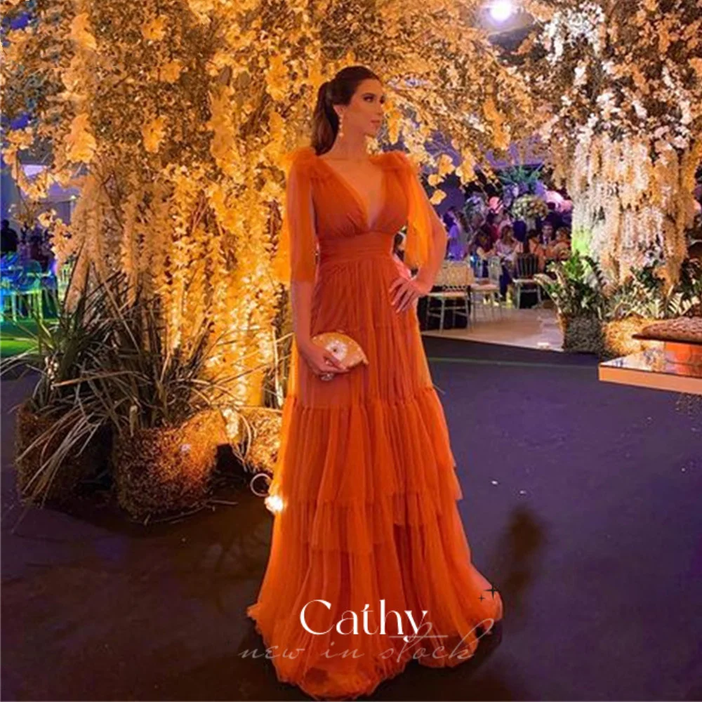 Cathy-Puffy-Sleeve-A-line-Prom-Dress-Orange-Multi-layer-Evening-Dress ...
