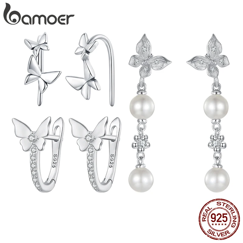 Bamoer Original 925 Sterling Silver Butterfly Earrings Pearl Stud ...