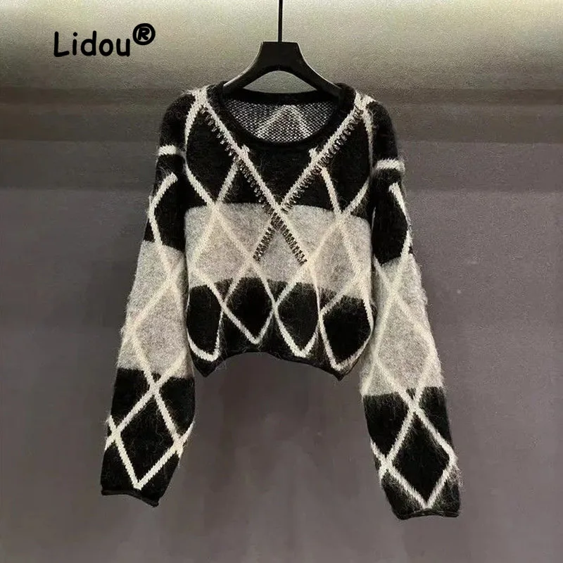 Fashion Color Matching Rhombus Square Knitting Bottoming Shirt Women New Classic Long Sleeve O ...