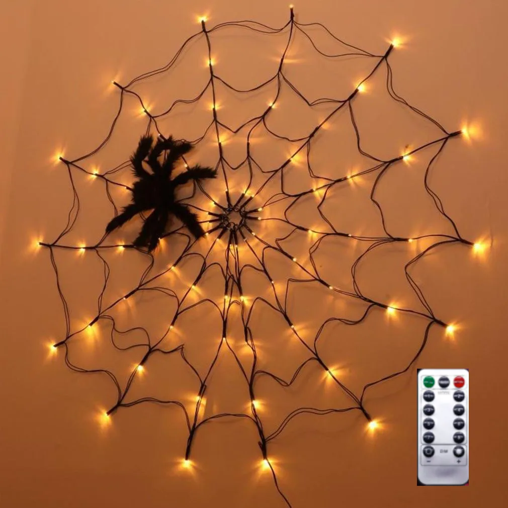 Halloween-Decor-80-LED-Spider-Web-Lights-Black-Spider-RC-8-LED-Light ...