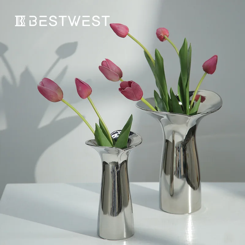 Nordic-Luxury-Silver-Vase-Ceramic-Small-Electroplated-Flower-Vase-Dried ...