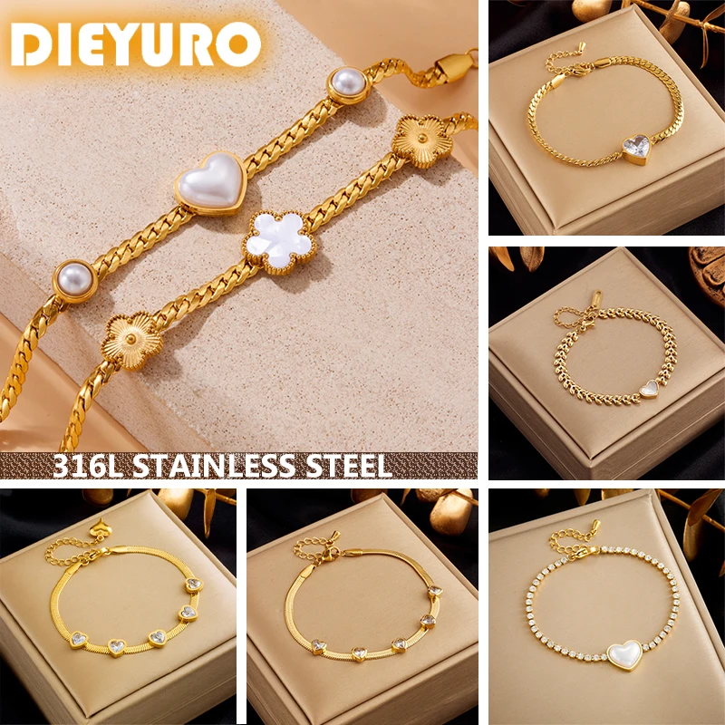 DIEYURO-316L-Stainless-Steel-Heart-Pearl-Gold-Colour-Bracelet-For-Women-New-Simplicity-Trend ...