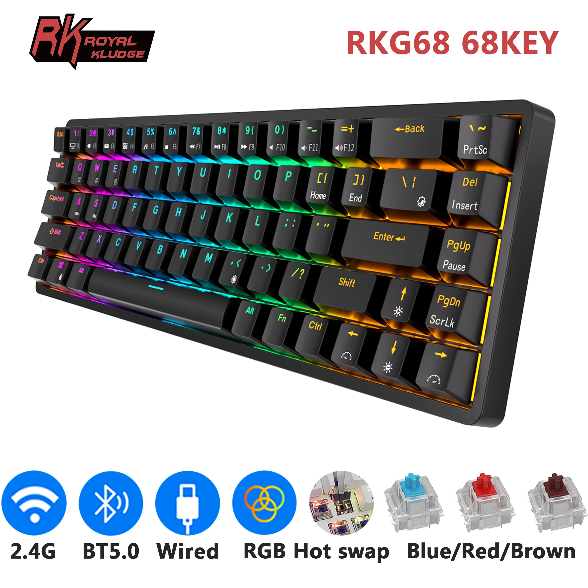 RKG68 RK837 Wireless Mechanical Keyboard 68 Key 65% RGB Backlight Hot ...